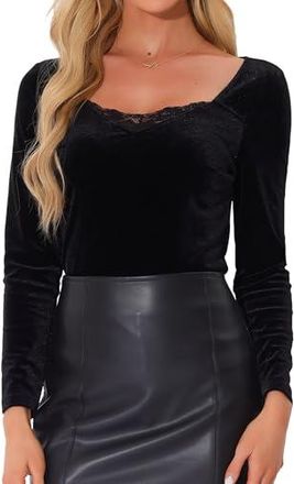 Allegra K Haut en Velours pour Femmes Chemisier à Manches Longues Tops Élégants Col en V en Dentelle Blouse Vintage Basique Noir XL