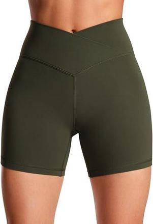 CRZ YOGA Femme Butterluxe Croisement Taille Haute Entraînement Yoga Motarde Shorts - 13cm Olive Verte 46