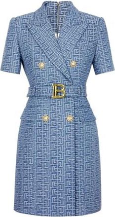 Generic Robe ajustée à manches courtes et crantée rétro motif géométrique délavé avec ceinture Blazer en jean pour femme, bleu, XXL
