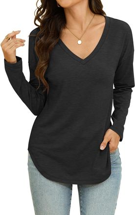 Onsoyours Damen V-Ausschnitt Tshirt Langarm Pullover Herbst Winter Oberteile Casual Longshirt Basic Tops A Schwarz XL