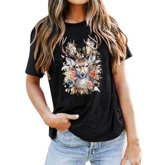 Generic T-shirt d&eacute;contract&eacute; &agrave; manches courtes pour homme avec imprim&eacute; t&ecirc;te de cerf, t-shirt &agrave; col rond confortable pour la vie quotidienne, le printemps, l&eacute;t&eacute;