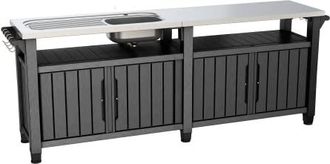 Keter BBQ Beistelltisch Unity Chef, Schwarz, mit großer Edelstahl-Arbeitsfläche und Spüle, 237x513x89,4cm, perfekt für das Grillen im Frühling