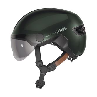 ABUS Stadthelm HUD-Y ACE - stylischer Fahrradhelm mit Visier und magnetischem, aufladbarem LED-Rücklicht - für Damen und Herren - Grün, Größe M