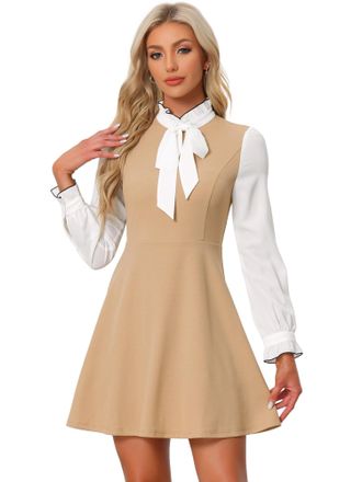 Allegra K Damen Kleid Langarm Puff&auml;rmeln R&uuml;schenkragen Vintage Schleife Minikleid Khaki M