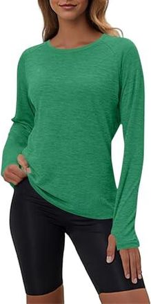 Generic Haut &agrave; manches longues l&eacute;ger basique uni &agrave; col rond pour femme - T-shirt d&eacute;contract&eacute; ajust&eacute; pour la gym, le yoga, Vert, XL