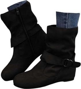 Generic Bottes de cowgirl pour femmes, bottes dautomne pour femmes, sans talon, à enfiler, à bout rond, en daim froncé, vintage, bottines plates avec fermetur