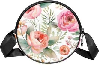 Generic Petit sac &agrave; bandouli&egrave;re circulaire pour femme, motif feuilles florales, sac &agrave; dos avec fermeture &eacute;clair, bretelles r&eacute;glables, sac &agrave; main rond d&eacute;contra