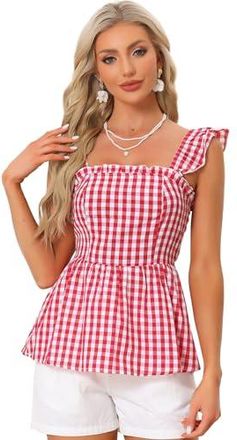 Allegra K Haut Péplum Femme Chemisier dÉté à Carreaux sans Manches Col Carré Blouse Casual Dos Smocké Débardeur à Bretelles Rouge M