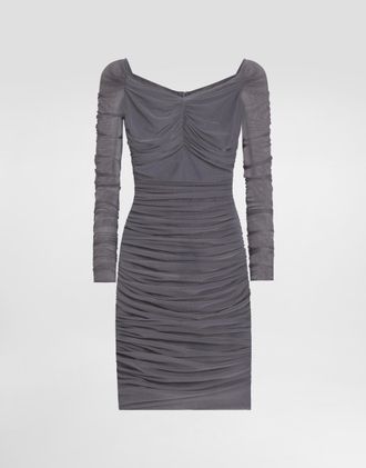 Dolce & Gabbana Kurzes Kleid Aus Leichtem Drapiertem Tüll - Frau Kleider Grau 44