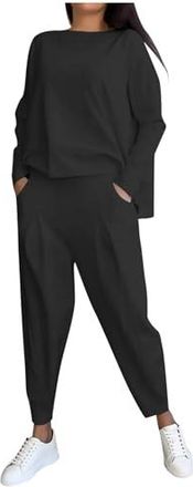 Generic Ensemble de surv&ecirc;tement 2 pi&egrave;ces pour femme - Pull d&eacute;contract&eacute; &agrave; manches longues et pantalon &agrave; poches - Ensemble assorti, Noir, 3XL
