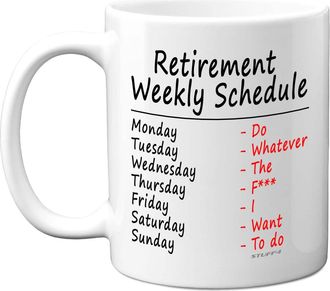 Stuff4 Lustige Tasse zum Ruhestand, Geschenk f&uuml;r Frauen und M&auml;nner, Abschiedsgeschenke f&uuml;r Hochschulen, 325 ml, wei&szlig;e Keramik-Tassen, sp&uuml;lmaschinenfest, Ruhe