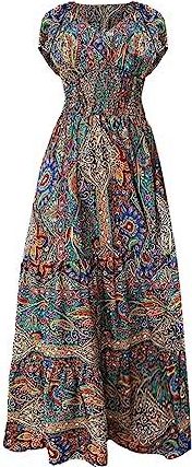 Generic Robes d&eacute;t&eacute; 2026 boh&egrave;me pour femmes, manches courtes, ample, d&eacute;contract&eacute;e, col en V, taille haute, imprim&eacute; boh&egrave;me, robe longue, Vert, XXL