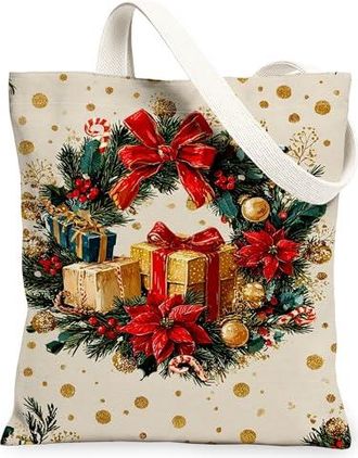 Generic Sacs fourre-tout en toile de No&euml;l, motif couronne festive, sacs de courses r&eacute;utilisables, l&eacute;gers et lavables avec bandouli&egrave;re, Blanc, 13x15 Inch