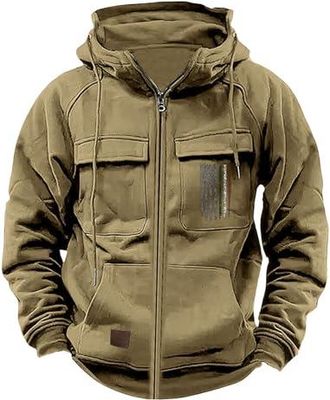 Generic Sweat &agrave; capuche cargo pour homme, fermeture &eacute;clair int&eacute;grale, v&ecirc;tement dext&eacute;rieur tactique coupe-vent de couleur unie, v&ecirc;tements de sport en plein air