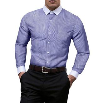 Generic Chemises daffaires pour homme &agrave; manches longues ray&eacute;es et col roul&eacute; - Coupe r&eacute;guli&egrave;re - Chemise classique pour homme - Chemise extensible pour le trav
