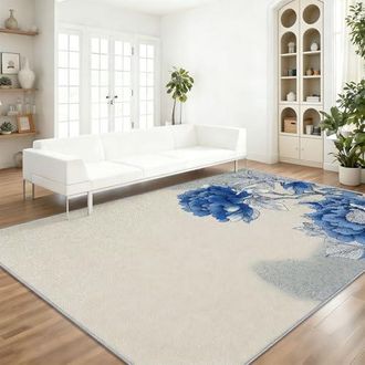 Generic Tapis &agrave; Motif Peinture &Agrave; LEncre Chinoise Pivoines Grand Antid&eacute;rapant &agrave; Poils Courts Doux Chambre Poil Ras de Sol Bleu, 120 x 180 cm