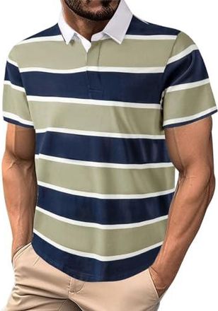 Generic Hauts d&eacute;t&eacute; ray&eacute;s pour hommes d&eacute;contract&eacute;s mode ray&eacute; l&acirc;che manches courtes revers manches courtes t-shirt, bleu marine, 3XL