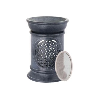 NKlaus Räucherstövchen 10x7,6cm Speckstein - Blume des Lebens, handgeschnitzt mit Räuchersieb & Gravur, für Meditation, Deko, Rituale & Aromatherapie 16687