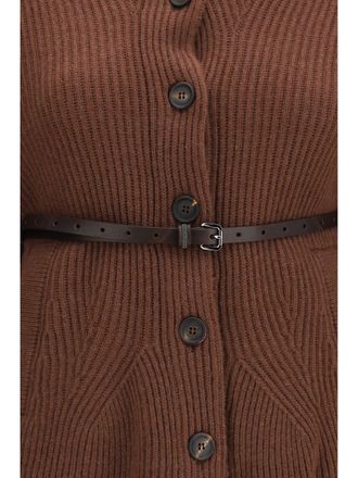 Brunello Cucinelli Womens High Neck Wool Cardigan With Belt Chocolate Fleece Sweater
