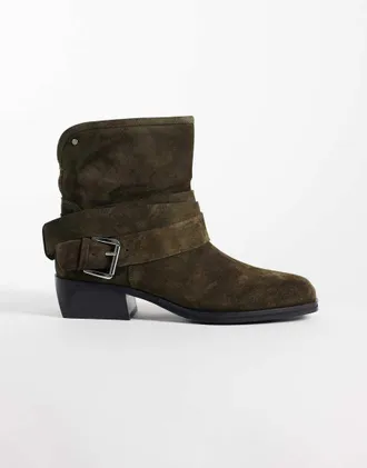 Bronx bottines &agrave; boucle &agrave; la cheville en daim huil&eacute; kaki-Vert