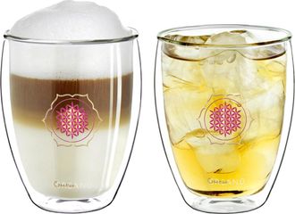 Creano doppelwandiges Tee-Glas, Latte Macchiato, Thermobecher Blume des Lebens | 250ml, in exklusiver Geschenkbox 2er Set