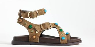 Steve Madden Linear - Sandalen aus Wildleder in Taupe mit Fu&szlig;bett, Nietenbesatz und Schnallenriemen-Neutral