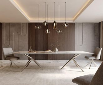 DELIFE Esstisch Edge 300x100 Keramik Minas Melange Wei&szlig;-Beige Estelar rund Edelstahl, Esstische