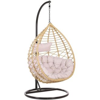 Beliani Fauteuil Suspendu en Rotin Beige avec Coussin et Support en Acier Noir pour Usage &agrave; lInt&eacute;rieur et Ext&eacute;rieur au Design Boh&egrave;me Tr&egrave;s Tendance Beliani