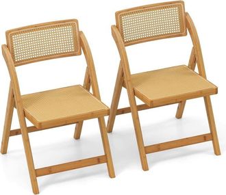 Costway Costway - Chaise Pliante Bois Lot de 2, Assise en Rotin pp, Dossier Rotative, Chaise Pliante Interieur en Bambou, Design Cannage, Style Boh&egrave;me