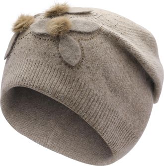 ZLYC Damen Strickm&uuml;tzen M&uuml;tze Doppellagig mit Blumenmuster Skull Cap(DREI kleine Pom-Blumen Hellbraun),Einheitsgr&ouml;&szlig;e