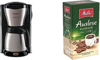 Philips Philips Filterkaffeemaschine - 1.2-Liter-Thermoskanne, Edelstahl, silbern/schwarz + Melitta Auslese Filter-Kaffee 500g, Pulver für Filterkaffeemaschin