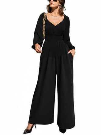 Cupshe Combinaison enveloppante pour femme - Col en V - Manches longues bouffantes - Taille smock&eacute;e - Jambes larges - &Eacute;l&eacute;gante tenue dautomne et dhiver, Noir