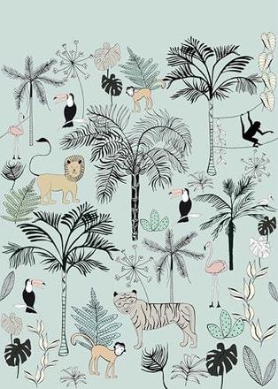 Rasch Tapeten 842197 - Fototapete auf Vlies mit Palmen, Bl&auml;ttern und Tieren in Grau, Blau und Schwarz aus der Kollektion Onszelf Stories - 2,80 m x 2,00 m (