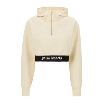 Palm Angels Femme, Sweatshirts et sweats &agrave; capuche, Beige, Taille: 38 FR Logo Tape Zipped Sweat &agrave; capuche