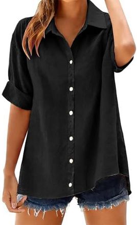Generic Chemise en coton et lin pour femme avec col boutonn&eacute;, coupe ample, confortable, respirant, l&eacute;ger, v&ecirc;tements d&eacute;contract&eacute;s unis &agrave; manches longues, Noir,