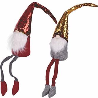 Villa D'Este Home Tivoli Zwerg Weihnachten Weiche Beine H 90 cm, Hut Paillettes, Xmas Trendy, Rot + Grau, Medium