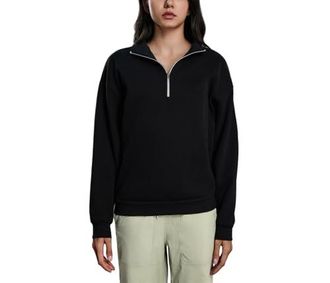 Generic Pull en molleton de coton doubl&eacute; avec demi-fermeture &eacute;clair, pull en polaire douce pour femme, Noir, 32