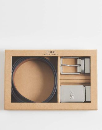 Polo Ralph Lauren coffret cadeau ceinture en cuir r&eacute;versible &agrave; boucle interchangeable noir et tan