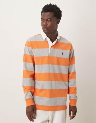 Polo Ralph Lauren Lang&auml;rmliges Rugby-Shirt mit Streifen mit in Orange und Grau sowie Logo-Symbol