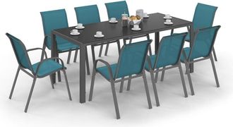 IDMarket Salon de jardin MADRID table 190 CM et 8 chaises empilables bleu canard