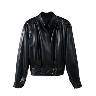 Generic Veste courte en cuir synth&eacute;tique pour femme - Style vintage - Col montant - Manches longues, Noir, L