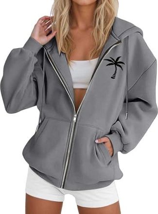 Generic 2026 Veste &agrave; capuche d&eacute;contract&eacute;e &agrave; manches longues avec cordon de serrage pour femme Motif arbre, gris, 3XL