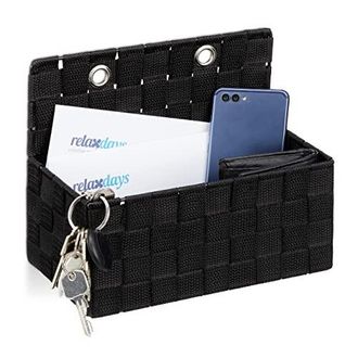 Relaxdays Aufbewahrungskorb hängend, Organizer im Bad, Flur, Schlafzimmer, Hängeaufbewahrung HxBxT 20x25x15 cm, schwarz, Kunststoff, Eisen, 20 x 25 x 16,5 cm