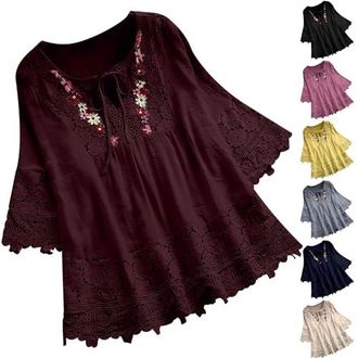 Generic Haut en dentelle pour femme - Grande taille - Tunique basique &agrave; manches 3/4 - Chemisier &eacute;l&eacute;gant &agrave; col en V - Col en V - Noeud papillon - Tunique respi