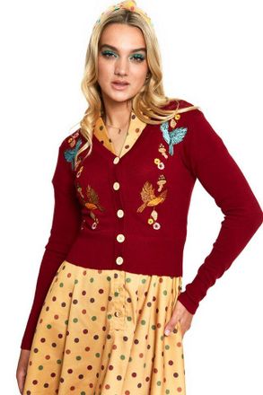 Voodoo Vixen Strickjacke Red Woodland Cardigan Retro Vintage V&ouml;gel Pilze Herbst