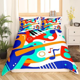 Generic Bettw&auml;sche 220x240 Gitarrennoten Bettw&auml;sche Sets Farbenfrohes Musikthema Bettenset 3D Druck Weich Microfaser Bettdeckenbezug mit Rei&szlig;veschluss und 2 K