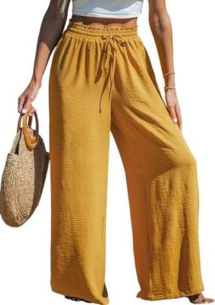 Cupshe Pantalon pour femme avec cordon de serrage - Jambe large - Taille haute - Décontracté - Pantalon dété, jaune moutarde, XL