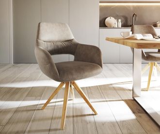 DELIFE Esszimmerstuhl Yago-Flex mit Armlehnen Mikrofaser Taupe Vintage Holzgestell kantig Natur Taschenfederkern, Esszimmerst&uuml;hle