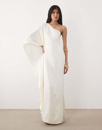 Six Stories Drapiertes Satin-Maxikleid in Wei&szlig; mit One-Shoulder-Tr&auml;ger und Schr&auml;gschnitt