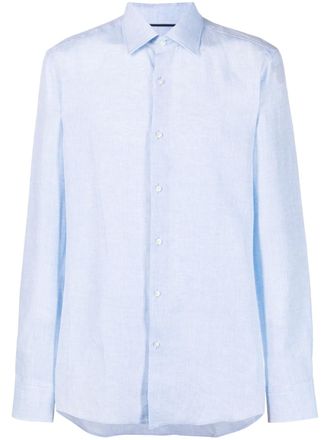 BOSS chemise en lin &agrave; manches longues - Bleu